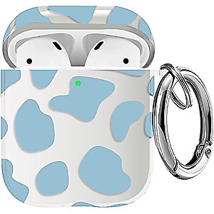 Valkit Cute Milk Cow Pattern Soft TPU Protective Case Skin Portable & Shockproof Women Girls with Keychain for Apple Airpods 2/1 Charging Case (Hollow Light Blue Cow
