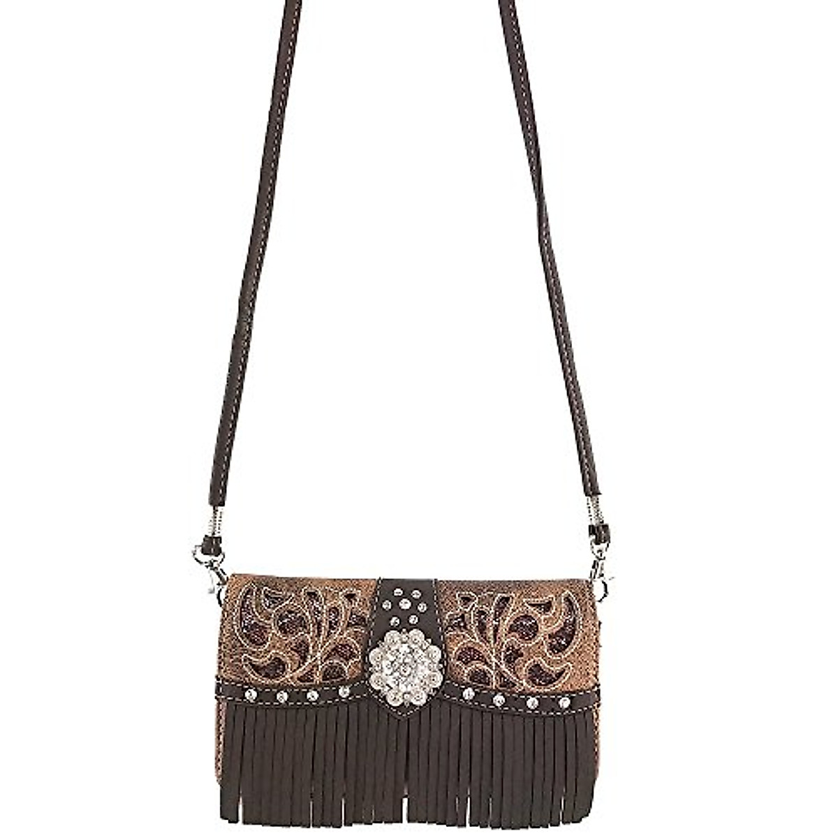 Justin West Rhinestone Concho Western Laser Cut Tooled Wristlet Wallet Shoulder Handbag Purse (Brown Purse and Wallet)