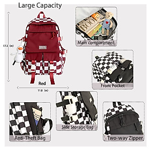 MEOKIM Kawaii backpack student schoolbag large-capacity backpack black and white plaid cute girls campus backpack(Red)