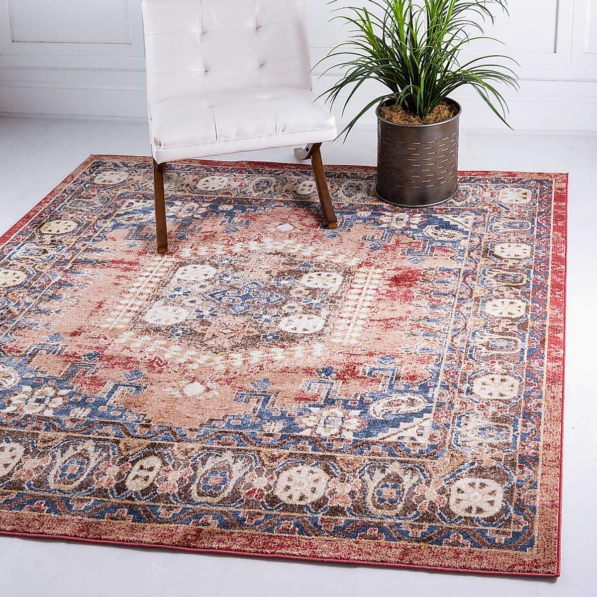 Unique Loom Utopia Collection Area Rug - Larissa (7'Square, Terracotta/ Blue)