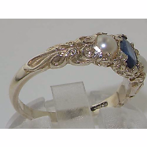 LetsBuyGold 925 Sterling Silver Natural Sapphire and Cultured Pearl Womens Promise Ring - Size 6.5