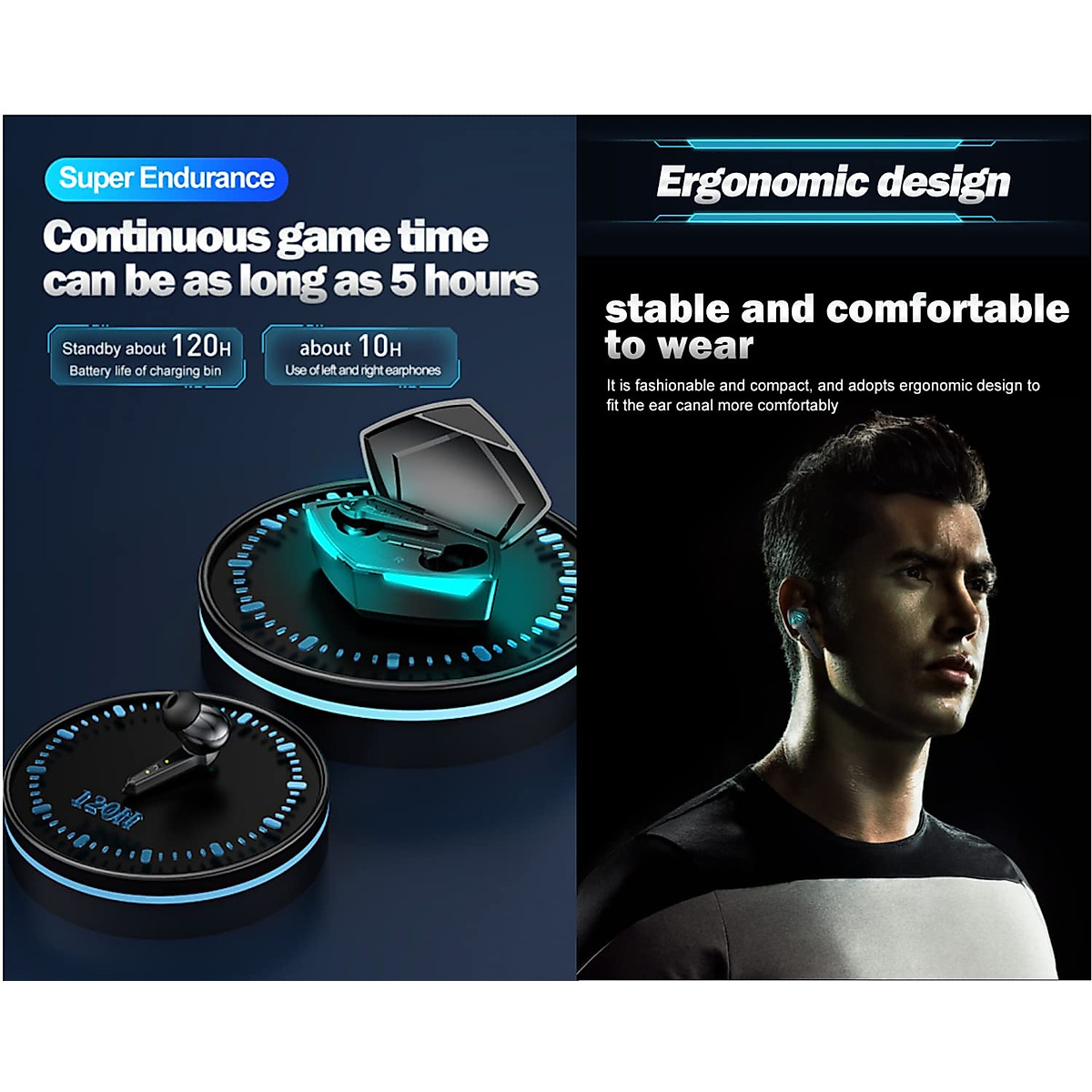 SGNICS Bluetooth 5.2 Wireless Earbuds Gaming Headphones for Microsoft Surface Duo, Low Latency with Cool Lights, True Wireless Gaming Headset Music/Gaming Mode - Black