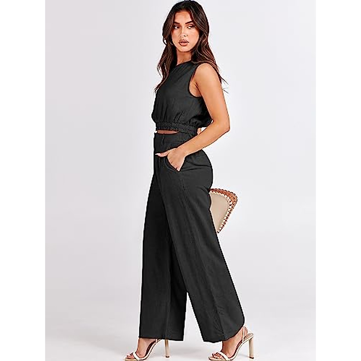 ANRABESS Two Piece Outfits for Women Cruise Resort Wear 2023 Sexy Summer Vacation Sleeveless Linen Crop Top Casual Matching Lounge Sets Comfy Tracksuits Long Pants Jumpsuits Cute Clothes A1102heise-M