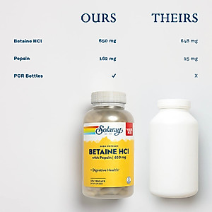 SOLARAY Betaine HCL with Pepsin, High Potency Hydrochloric Acid Formula, Healthy Digestion Supplement, Digestive Enzymes for Gut Health Support, 60-Day Guarantee (275 Servings, 275 Veg Caps)