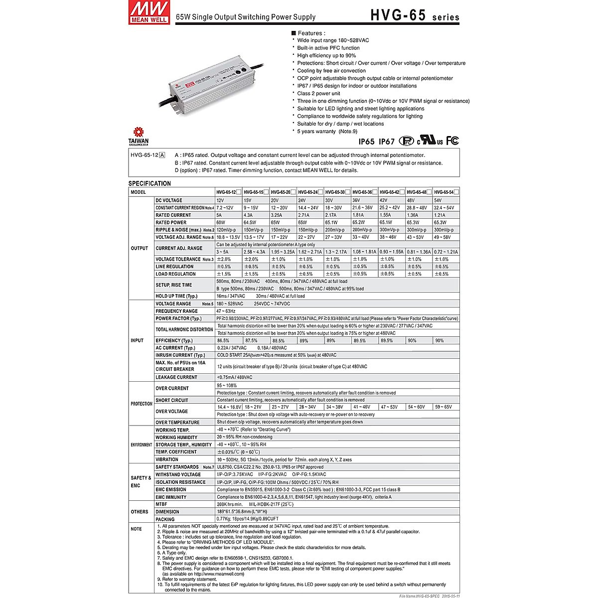 MEAN WELL HVG-65-12A 65 W Single Output 2.71 A 12 Vdc Output Max IP67 Swithcing Power Supply - 1 item(s)