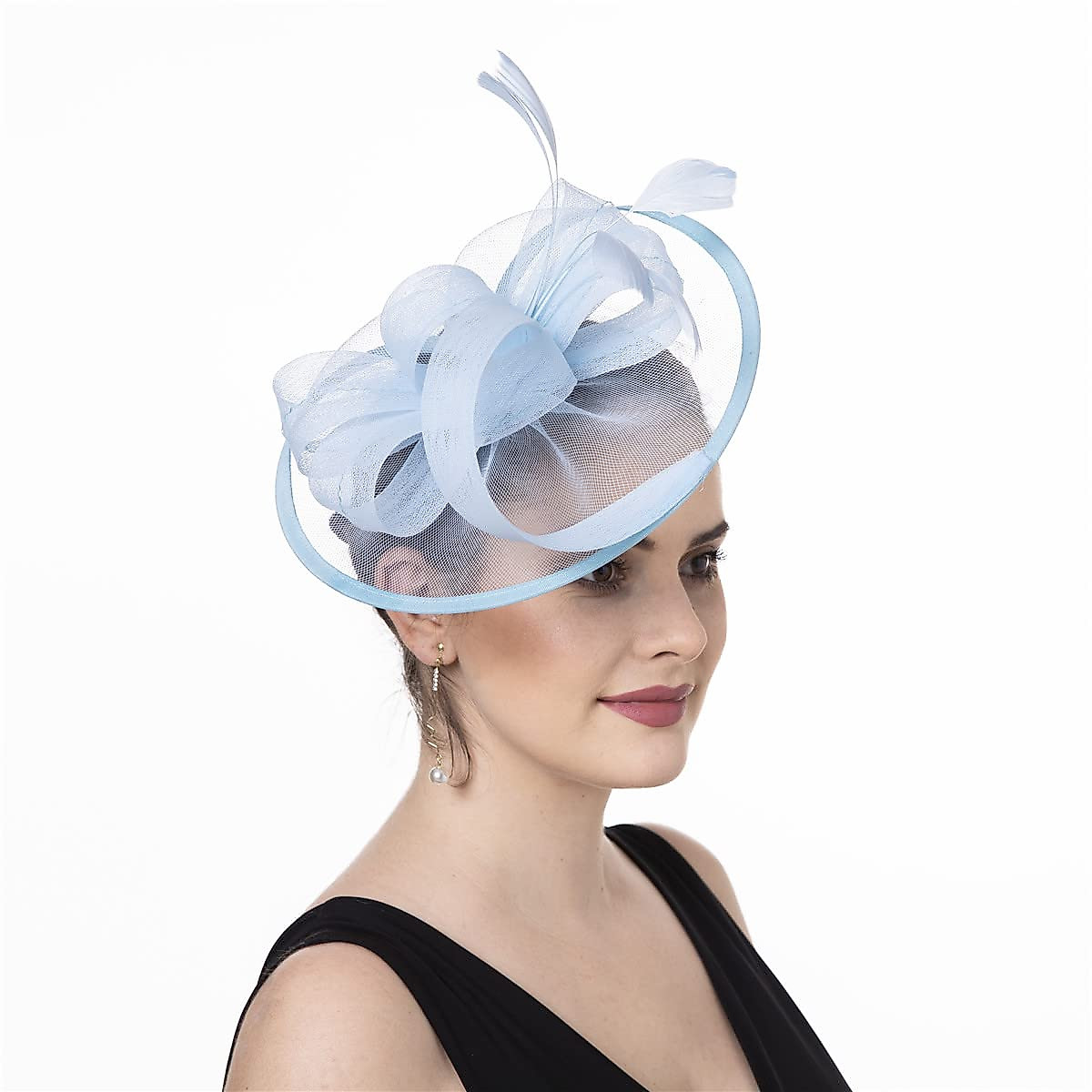 SAFERIN Fascinator for Women Hair Clip Hat Bowler Feather Flower Veil Wedding Party Hat Tea Hat(SZ1-Light Blue)