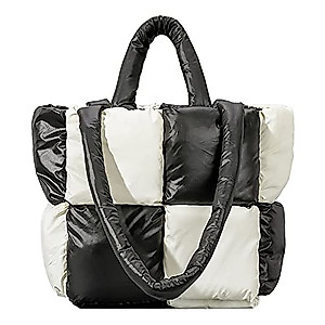 Ovida Women Large Puffer Tote Bag Quilted Top-Handle Shoulder Bag Soft Down Cotton Padded Tote Handbag with Zipper(Checkerboard)