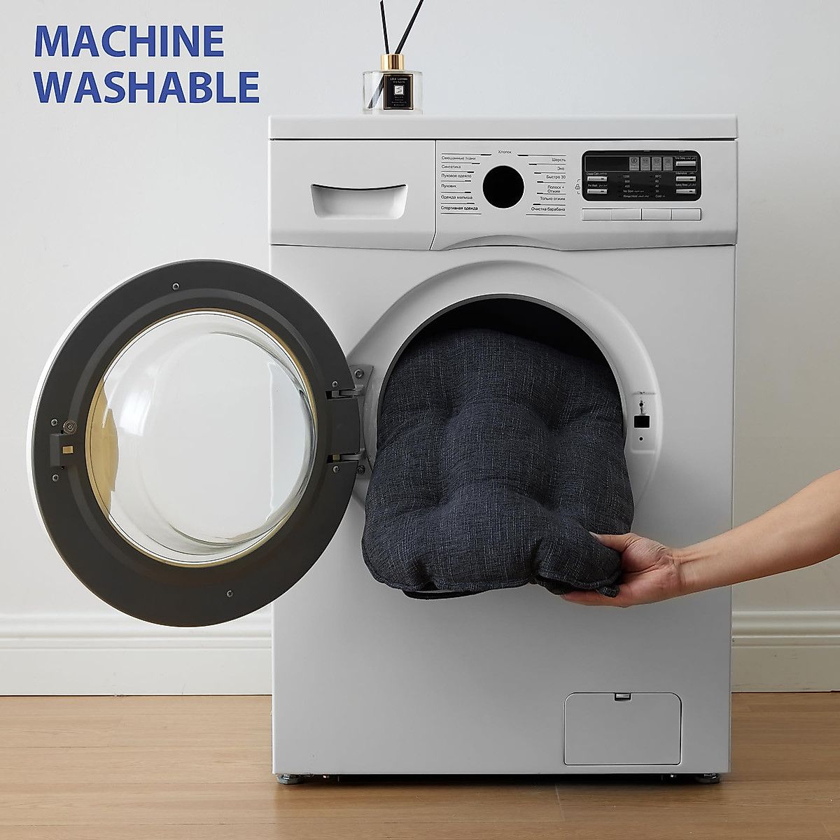 IPYNBAP Chair Cushions for Dining Chairs Set of 4, Indoor Kitchen Chair Cushions with Ties and Non Slip Backing, Tufted Shredded Memory Foam Kitchen Chair Pads, 15.5" x 15.5" x 4", Navy