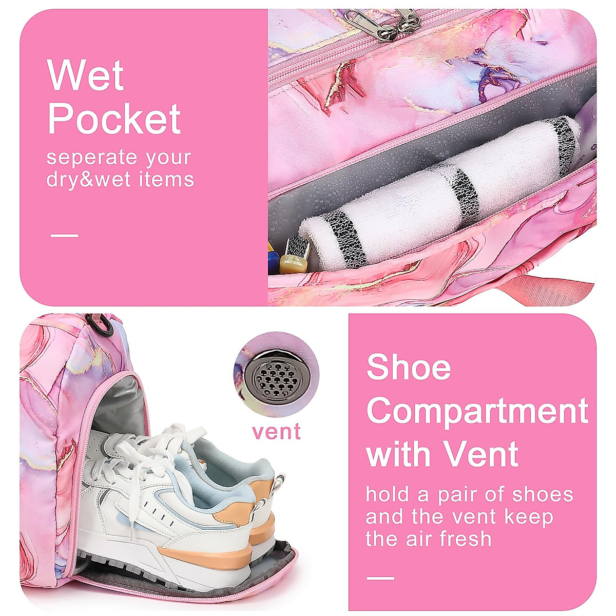 Weekender Duffel Sport Gym Bag Women Girls Travel duffle Bags with Shoe Compartment Wet Pocket (Marble Pink)