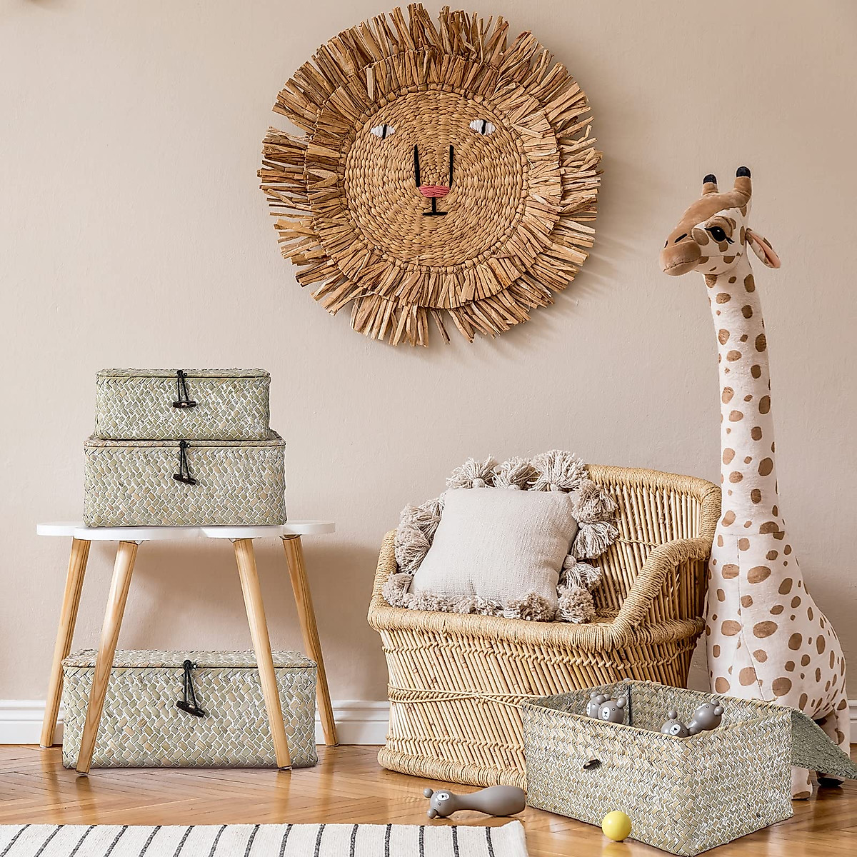 Woanger Set of 4 Seagrass Basket with Lids Rattan Wicker Storage Basket Handwoven Decorative Storage Boxes with Lids Multipurpose Woven Basket Bins for Shelf Closet (White)