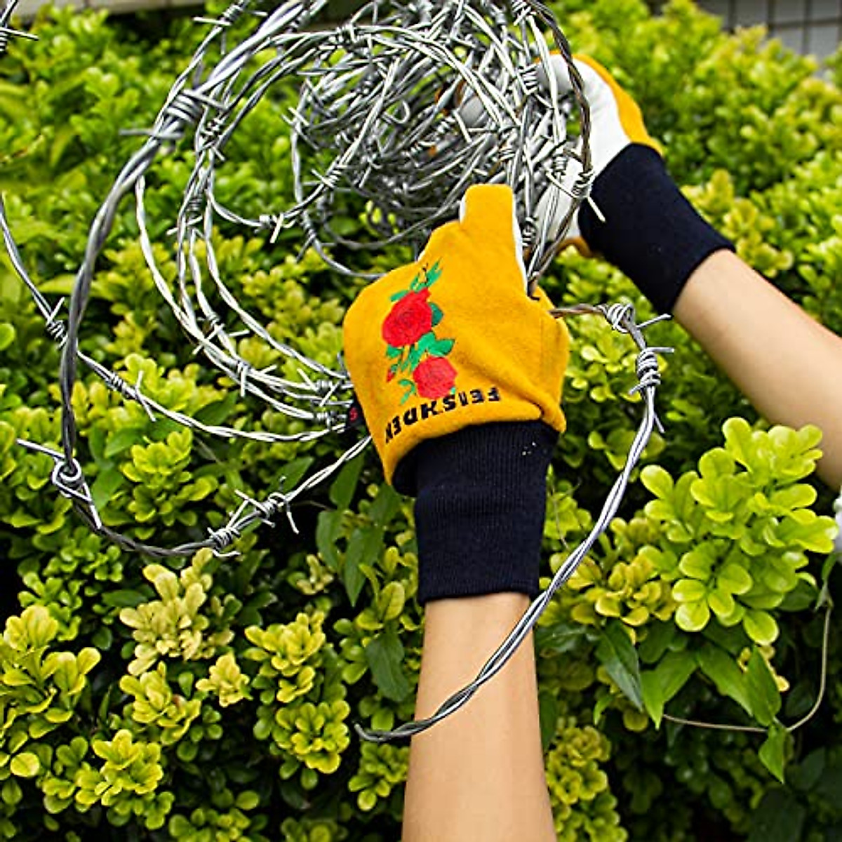 FEISHDEK Cactus Gloves Soft Deerskin Women Gardening Glove Thorn Proof for Cacti Handling (Medium - Short Sleeve, Yellow)