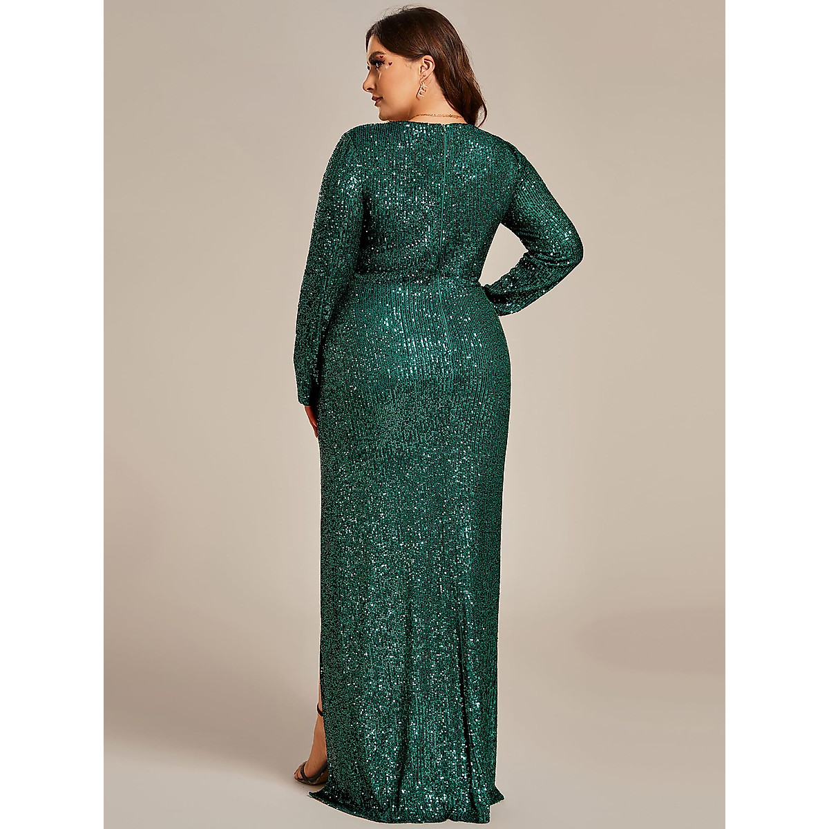Ever-Pretty Women's Plus Size Curvy Elegant Sequin V Neck Floor-Length Bodycon Evening Party Gowns Deep Green US24