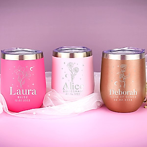 UNITED CRAFT SUPPLIES Personalized Bridesmaid Wine Tumbler W/Name & Title, Bridesmaid Gifts, 10 Colors 12 Birth Flower, Engraved Stemless Wine Tumbler W/Lid, Bridesmaid Proposal Gifts