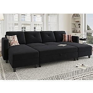 HONBAY Sleeper Sectional Sofa Set Velvet U Shaped Couch with Storage Ottoman 4-Seat Sectional Sofa Set for Living Room, Black