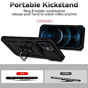 for iPhone 12 Mini Case with Camera Lens Cover HD Screen Protector, Dual Layer Military Grade Drop Protection Magnetic Ring Holder Kickstand Protective Phone Case for iPhone 12 Mini 5.4 inch (Black)