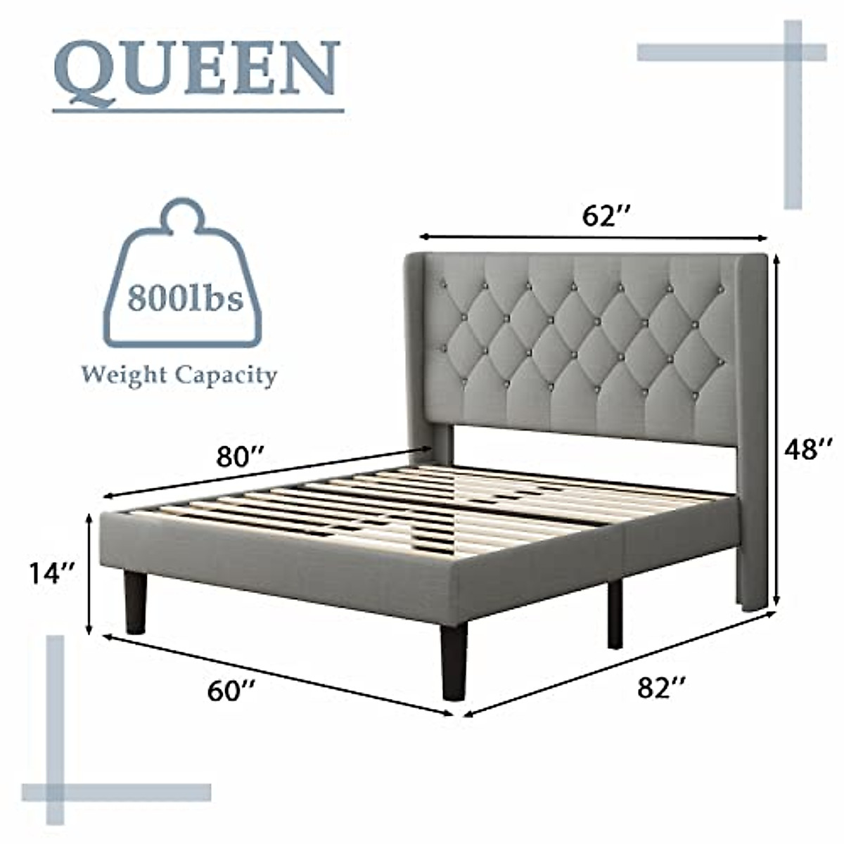 Feonase Upholstered Queen Bed Frame with Wingback, Platform Bed with Diamond Tufted Headboard, Heavy Duty Bed Frame, Wood Slat, Easy Assembly, Noise-Free, No Box Spring Needed, Light Gray