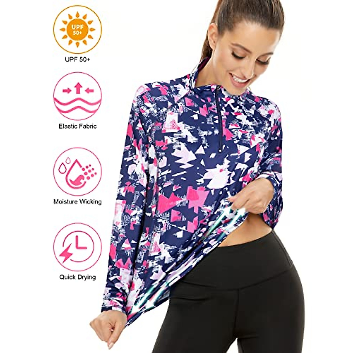 LURANEE 3/4 Zip Pullover Women's, SPF Long Sleeve Yoga Jacket, Workout & Running Activewear - Medium, Geometry Blueeink