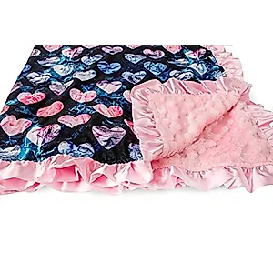 Top Tots Baby Blanket - Small Colored Hearts with Pink Minky Dot & Satin Ruffle, 31 x 31 Inch Blue