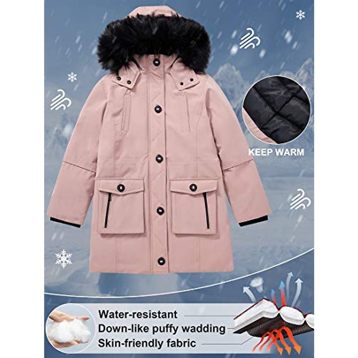 maoo garden Girls Winter Coats Heavyweight Waterproof Jacket Mid-Length Fur Hooded Parka 2017 Pink 5-6Y