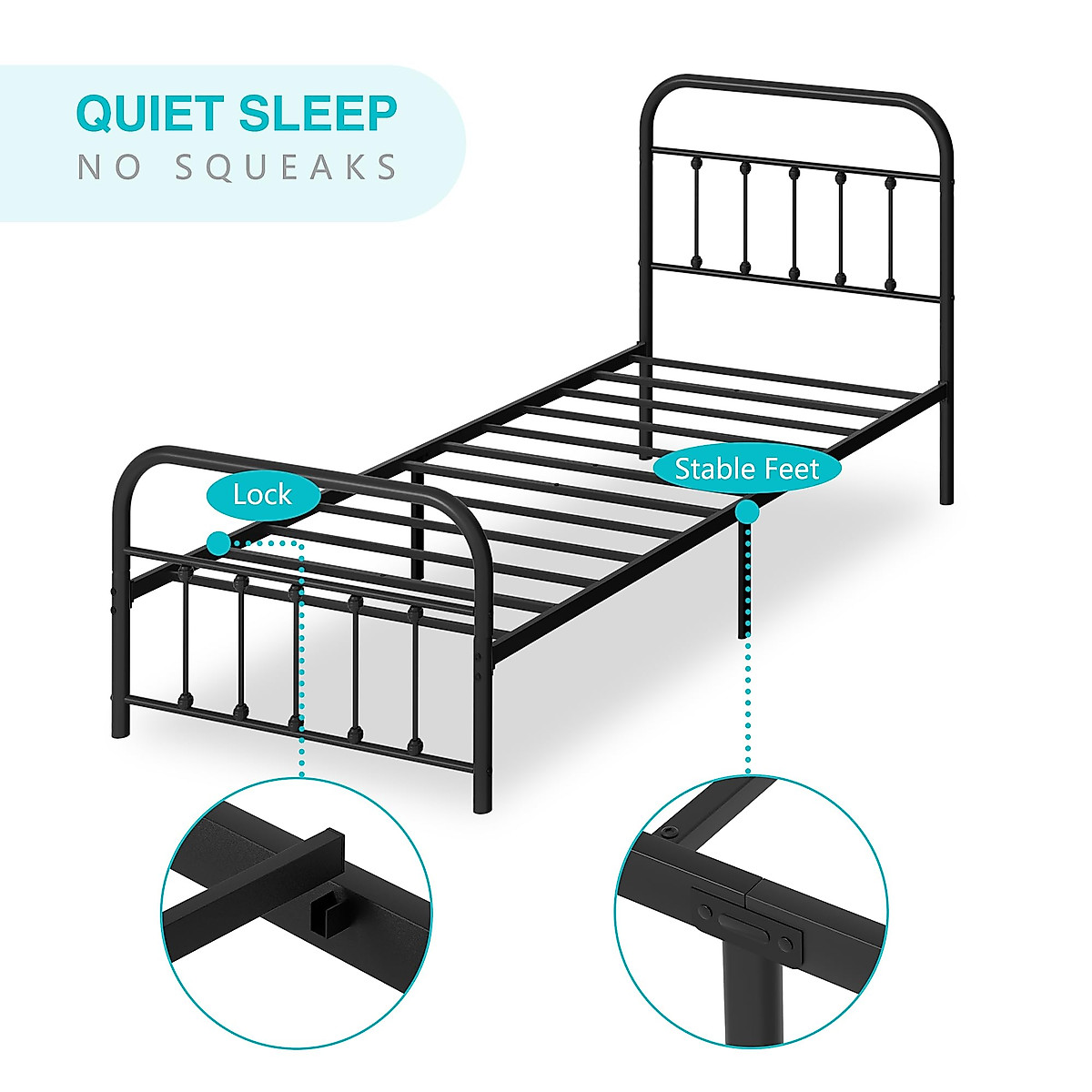 Walsunny Classic Metal Platform Bed Frame Mattress Foundation with Victorian Style Iron-Art Headboard/Footboard, Under Bed Storage, No Box Spring Needed, Twin Size