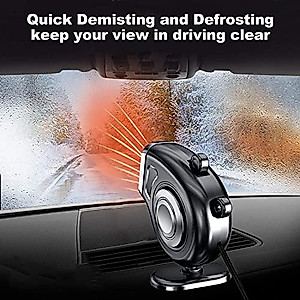 Mini Car Heater, 12V 150W Car Fan Defroster, Auto Heating/Cooling Fan with Rotating Base Fairing Securing Clip，Plug in Cigarette Lighter (Black)