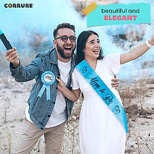 CORRURE Baby Shower Sash and Button Pin for Boy - 'Mom to Be' Sash and 'Dad to Be' Pin with Beautiful Blue Ribbon and Black Glitter Text - Ideal Mom and Dad Gift for Gender Reveal/Baby Shower