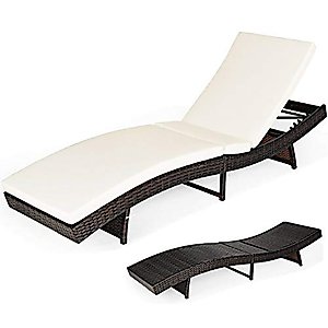 HAPPYGRILL Patio Chaise Lounge Outdoor Rattan Wicker Lounger Chair Adjustable Ergonomic Reclining Chaise Chair with Cushion for Patio Poolside Backyard Garden
