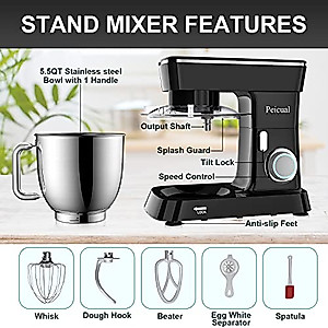 Upgraded Household Stand Mixer for Peicual 800W 10+P Speed High-Performance Tilt-Head Electric Kitchen Mixer 5.5Qt Stainless Steel Bowl with Dough Hook Flat Beater Wire Whisk & Splash Guard - Black