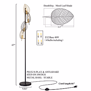 WOXXX Industrial Black Floor Lamp with 4 Brush Gold Finish Leaf Shade, Modern Tree Floor Lamps for Living Room Bedrooms Reading Standing Lamp Living Room Lamps Farmhouse Tall Lamp (4 Bulbs Included)