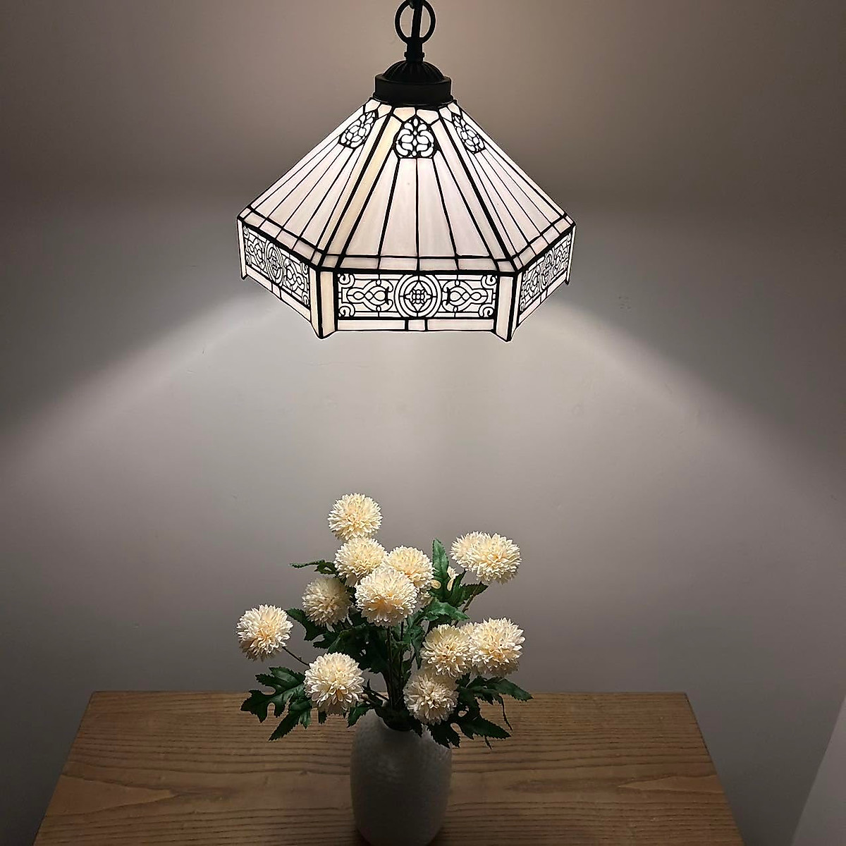 enjoy decor lamps Tiffany Pendant Lighting White Hexagon Stained Glass Hanging Lamp LED Bulb Included for Dining Room Island Kitchen Living Room 12”W*12”D*60”H