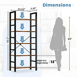 DUMOS 5 Tiers Bookshelf, Classical Modern Book Shelf, Tall Display Shelves in Living Room/Home/Office, Storage Organizer for CDs/Books/Movies, Rustic Brown
