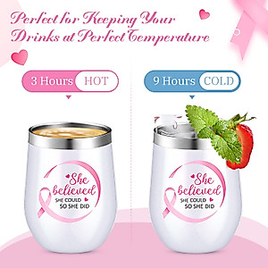 7 Pcs Breast Cancer Gift for Women Pink Ribbon Survivor Present 12 oz Breast Cancer Awareness Tumbler Coffee Mug with Lid Brush Straws Keepsake Raffia Grass Gift Bag Inspirational Gifts for Patients