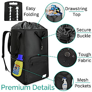 Terra Home College Essentials Travel Size Laundry Backpack - Portable, Durable, Foldable - Laundry Bag with Pockets for College Dorms - Extra Large Laundry Carrying Bag with Strap (Black)