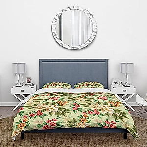 DESIGN ART Designart 'Pink White and Red Flowers and Leaves On Beige Background.' Traditional Duvet Cover Set Full - Queen
