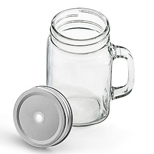 Tosnail 6 Pack 16 oz Glass Mason Jar Mugs with Handle, 12 Tin Lids and 6 Plastic Straws, Old Fashioned Mason Jar Drinking Glasses, Clear Glass Cups for Party and Daily Use