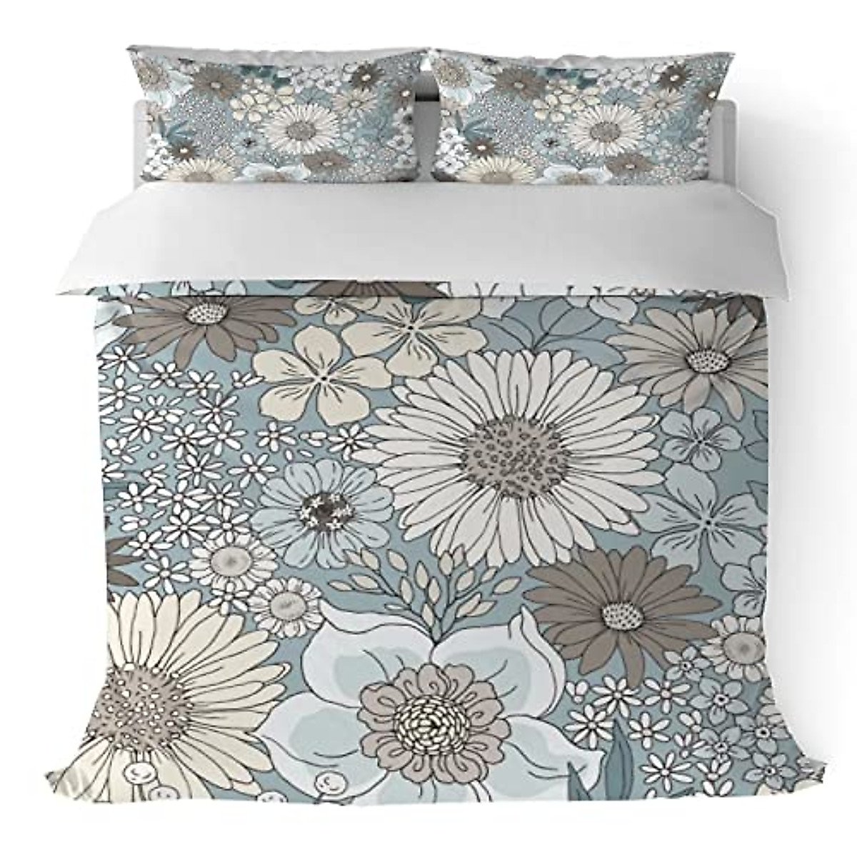 Duvet Cover Sets California King -French Print Flowers-Bedding Comforter Set Breathable SetsSoft Microfiber 3 Pcs