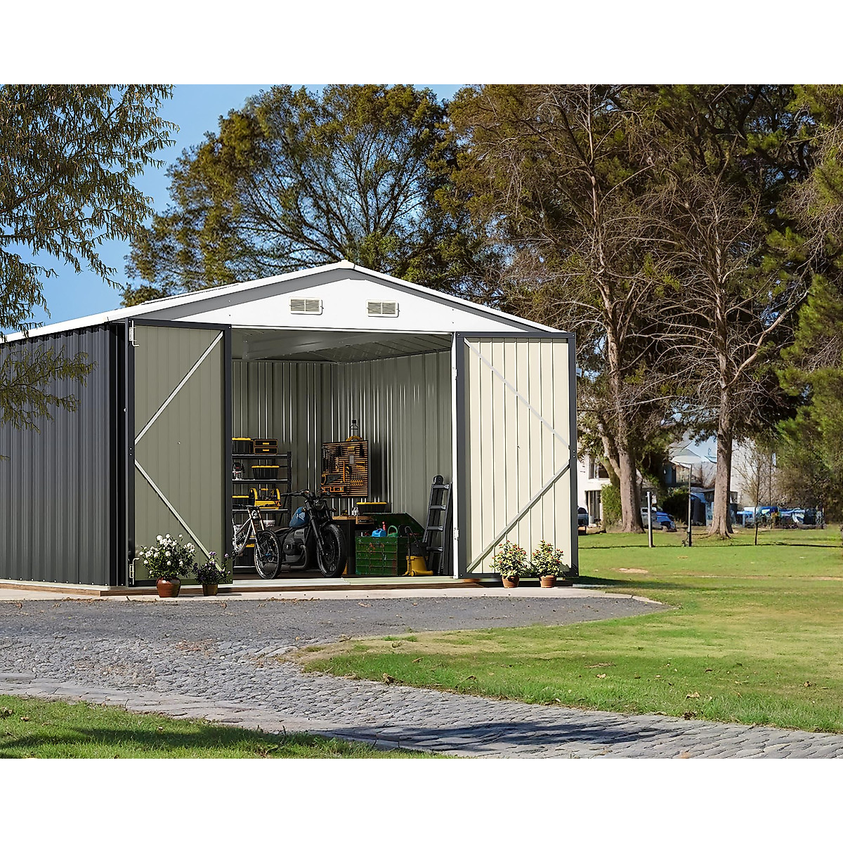Greesum Outdoor Storage Shed 10 x 10 ft. Utility Tool Shed Metal Storage Garden Shed with Door & Lock for Patio Storage, Gray
