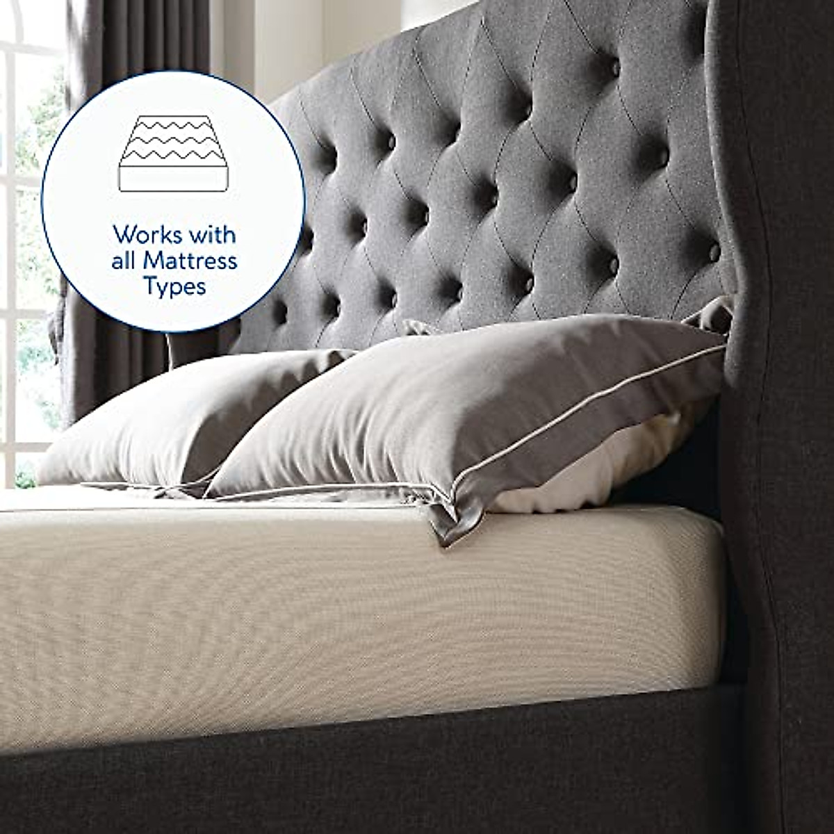 DeCoro Coventry Upholstered Platform Bed | Headboard and Metal Frame with Wood Slat Support | Grey, Queen Size