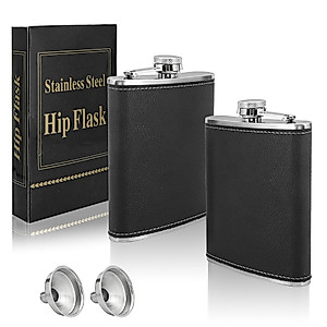 2 Pack 8 oz Leather Hip Flasks for Liquor for Men,Stainless Steel Hip Flasks with Funnel for Wedding Party, Leather Black Flasks for Liquor