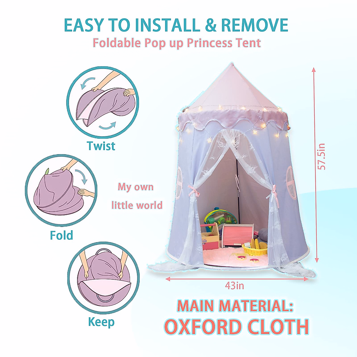 WoodenEdu Kids Teepee Tent for Girls, Princess Castle Pink Oxford Cloth Teepee Indoor Outdoor Kids Foldable Play Tent with Carry Bag for Toddlers 3 4 5 6 Year Old Girls (Pink)