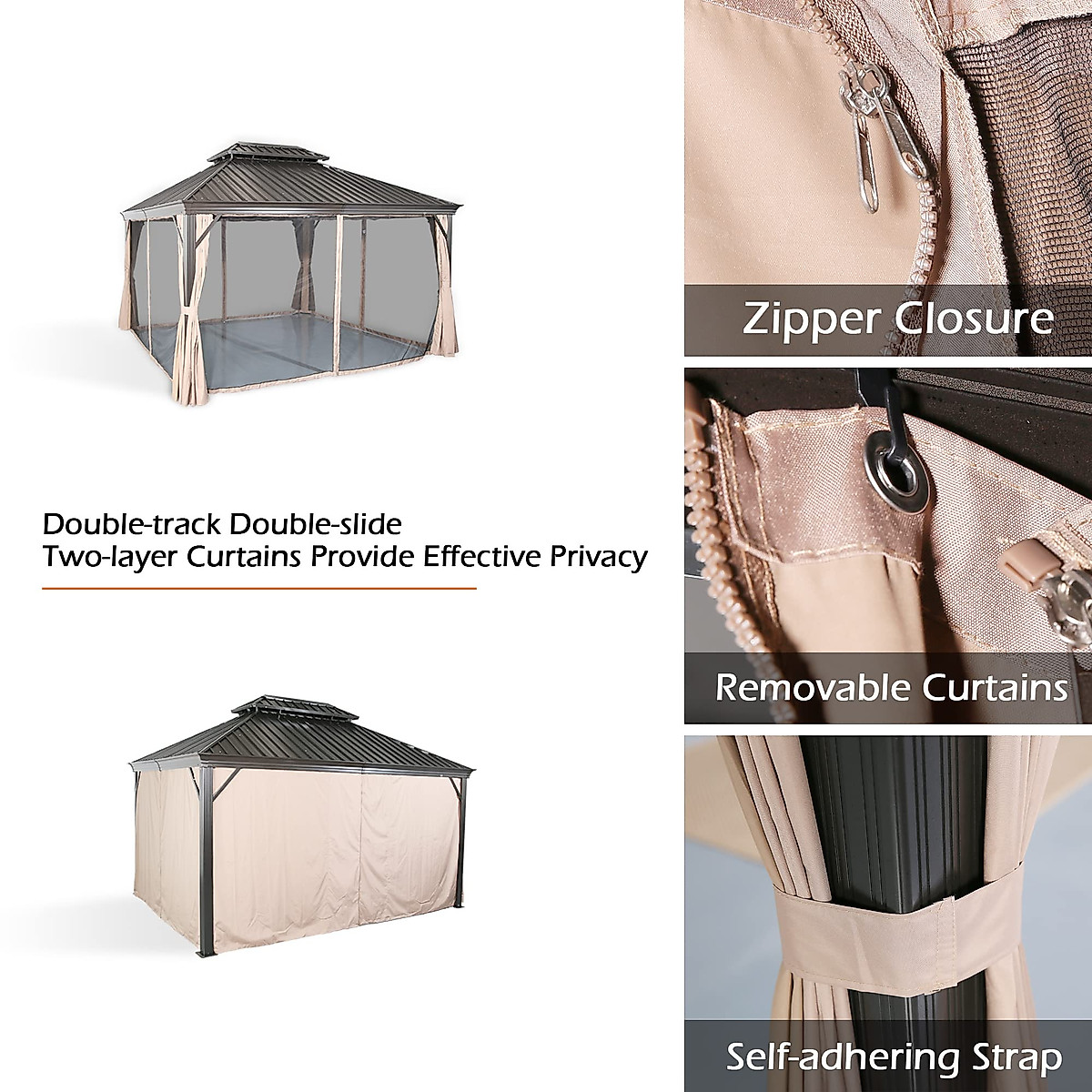 10'x12' Hardtop Gazebo, Outdoor Aluminum Permanent Pavilion Gazebo with Curtains and Netting, Brown Galvanized Steel Metal Double Roof Canopy Gazebo and Aluminum Frame for Patios, Gardens, Lawns