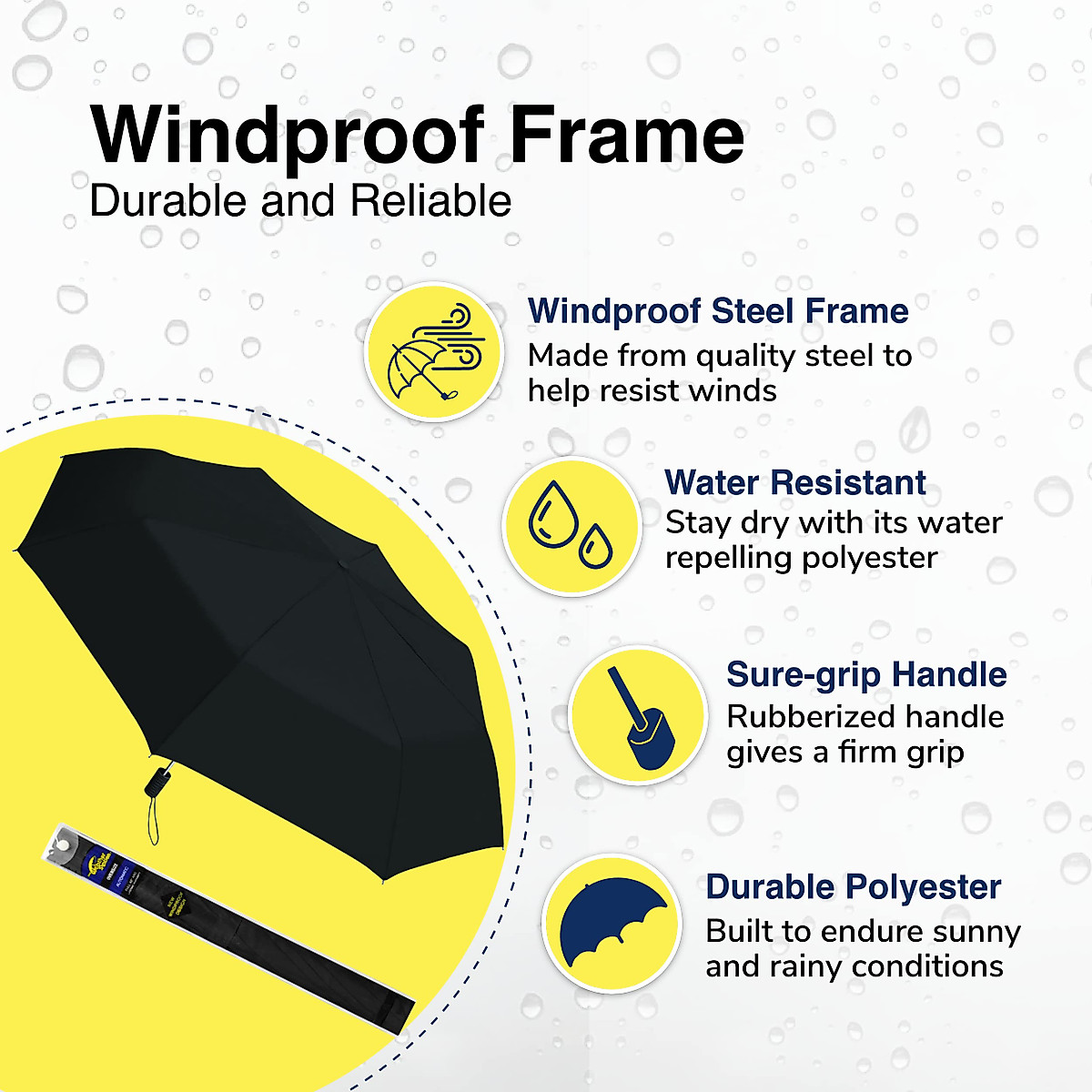 Weather Station Automatic Rain Umbrella, Windproof, Lightweight, and Packable for Travel, Full 42 Inch Arc, Black
