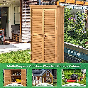 GOFLAME 63” Outdoor Storage Cabinet, Wooden Garden Storage Shed with 3 Removable Shelves, Waterproof Asphalt Roof, Adjustable Footpads, Latch, Outdoor Tall Vertical Tool Shed for Garden Porch Deck