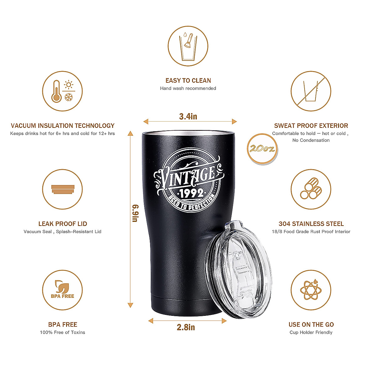 Larura Vintage 1992 Tumbler - 30th Birthday Gifts for Men Women - Insulated Stainless Steel Tumblers - 30 Year Old Birthday Gifts for Men Women - 30th Party Decorations for Him or Her (Black, 20 oz)