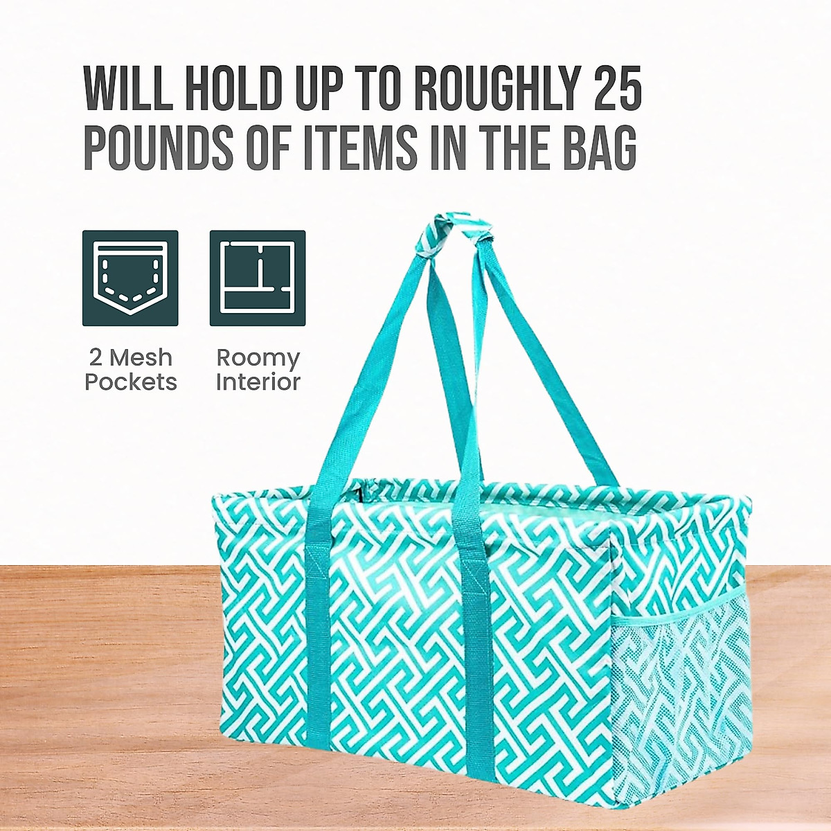 Lucazzi Extra Large Utility Tote Bag - Oversized Collapsible Reusable Wire Frame Rectangular Canvas Basket With Two Exterior Pockets For Beach, Pool, Laundry, Car Trunk, Storage - Geometric Teal