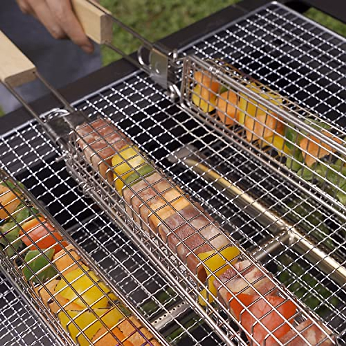 4 Packs 22” Extra Long Stainless Steel Kabob Grilling Baskets with Foldable Handle - Easy Lock 0.4” Mesh Grid Not Falling Out Design Grill Basket Set, Kabob Baskets for Grilling Vegetables, Seafood, Meat
