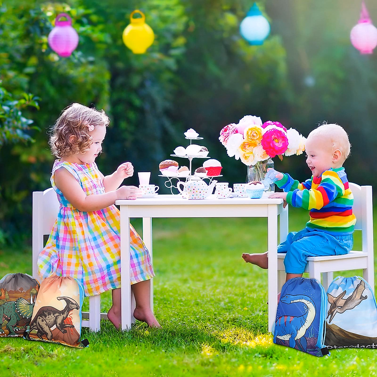 Weewooday 20 Pcs Dinosaur Party Favor Bags Drawstring Gift Goodie Treat Bag Dinosaur Candy Party Supplies Backpack for Birthday Candy Decoration(Bright Style)