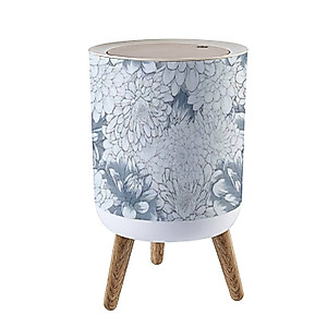 CAKOJV188 Round Trash Can with Press Lid Seamless with Flowers Dahlia and Chrysanthemum Small Garbage Can Trash Bin Dog-Proof Trash Can Wooden Legs Waste Bin Wastebasket 7L/1.8 Gallon