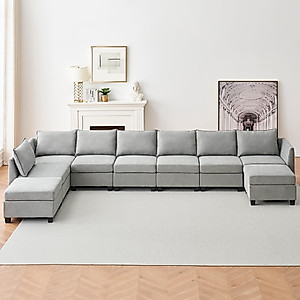GAOMON 163'' Sectional Sofa with Storage Seats,9 Seat Convertible U Shaped Sofa with Large Reversible Chaise, Linen Fabric Modular Sofa Sectional Couches with Ottomans for Living Room,Grey