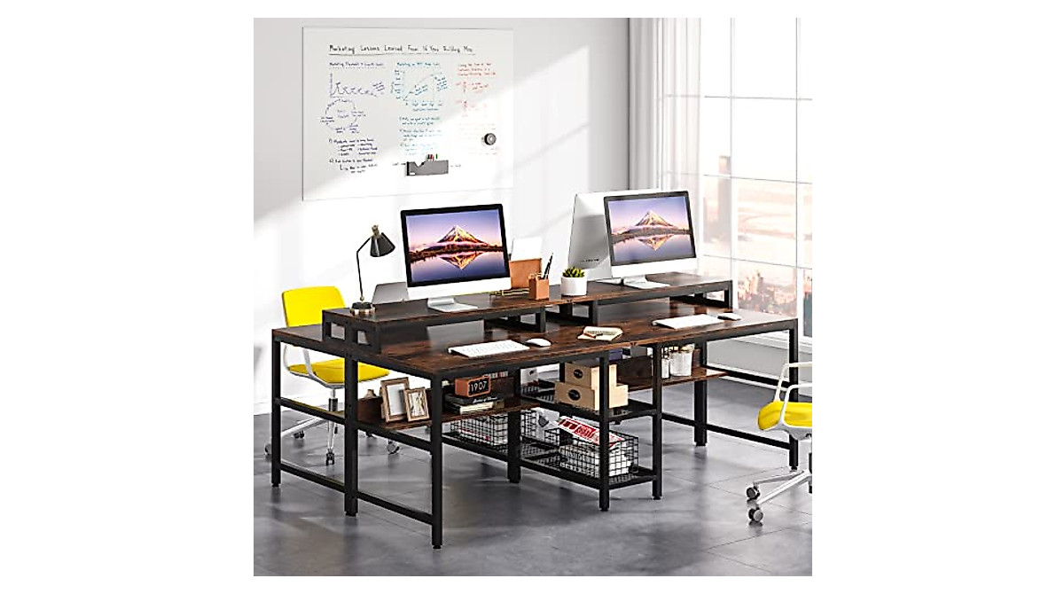 Tribesigns Double Computer Desk with Storage Shelf - Rustic Brown